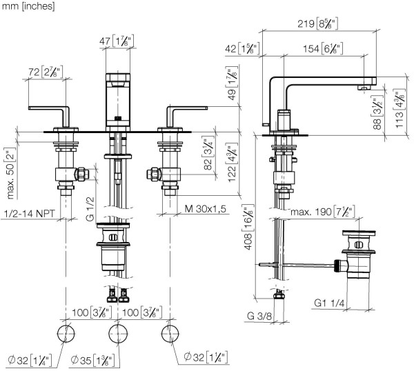 Dornbracht Waschtisch-Dreilochbatterie 155mm LULU - platin matt für 1. ...